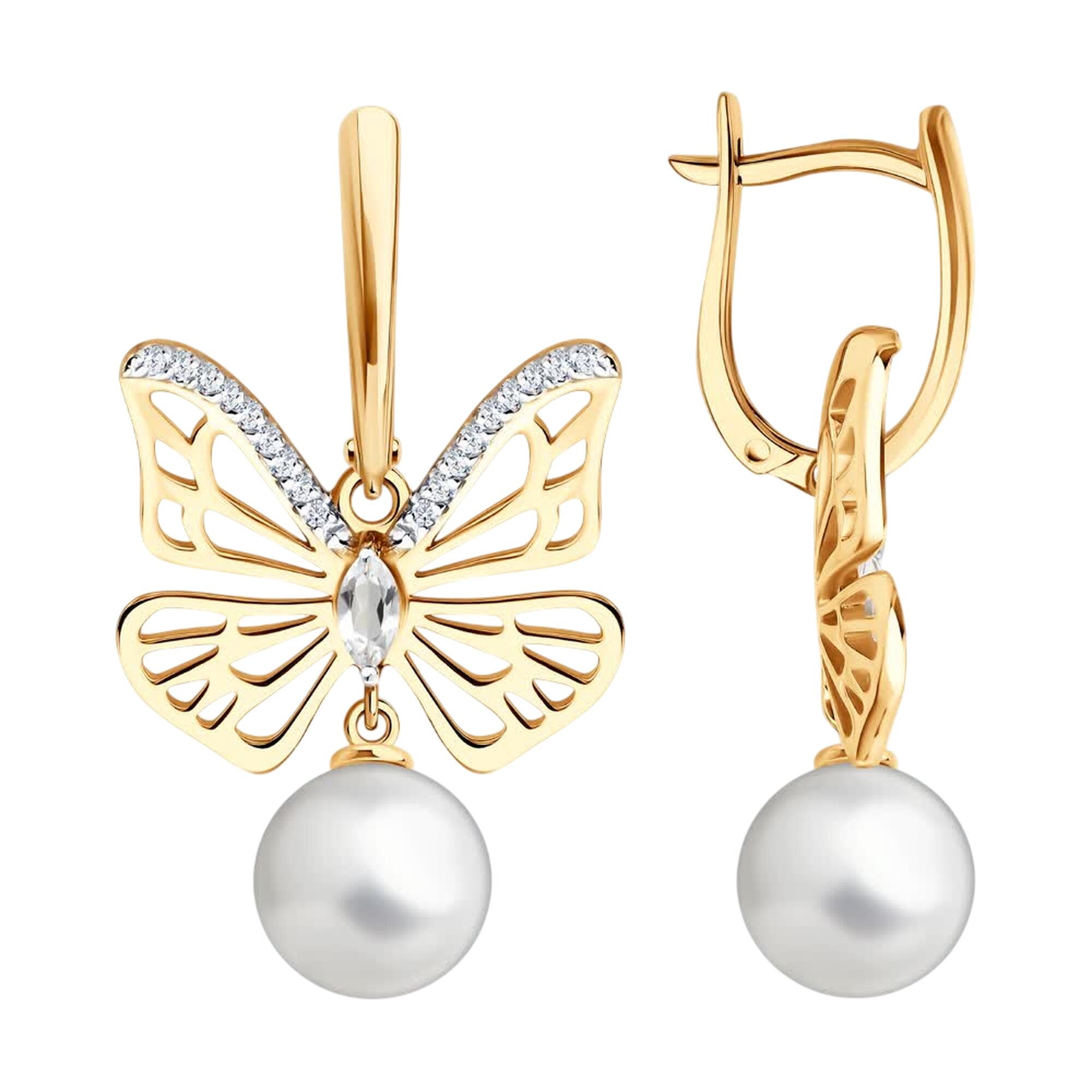 Серьги, красное золото, 585 проба, жемчуг, фианит, горный хрусталь