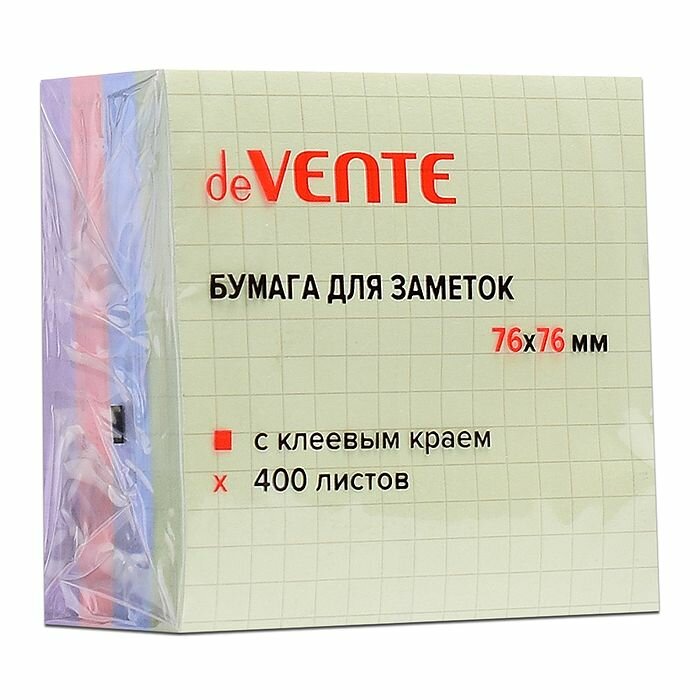 Клейкая бумага для заметок deVENTE 76х76 мм, 400 листов, офсет 75 г/м2, 4 пастельных цвета в клетку