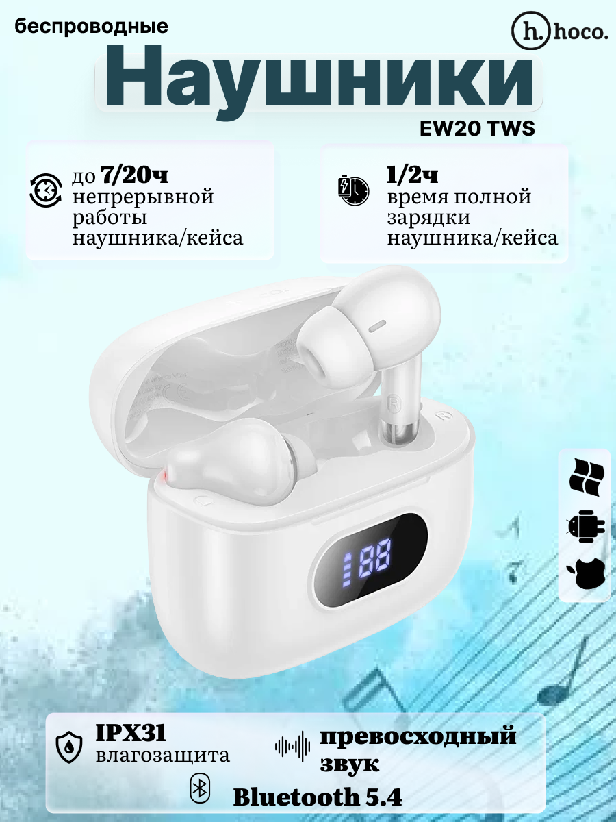 Hoco Беспроводные наушники TWS HOCO EQ2 Plus Thought, Bluetooth 5.4, белые