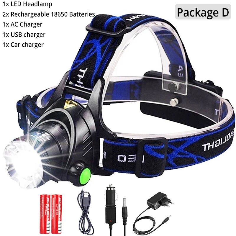 Налобный фонарь LED 18650, синий, L2-25000 Lumen, Package D