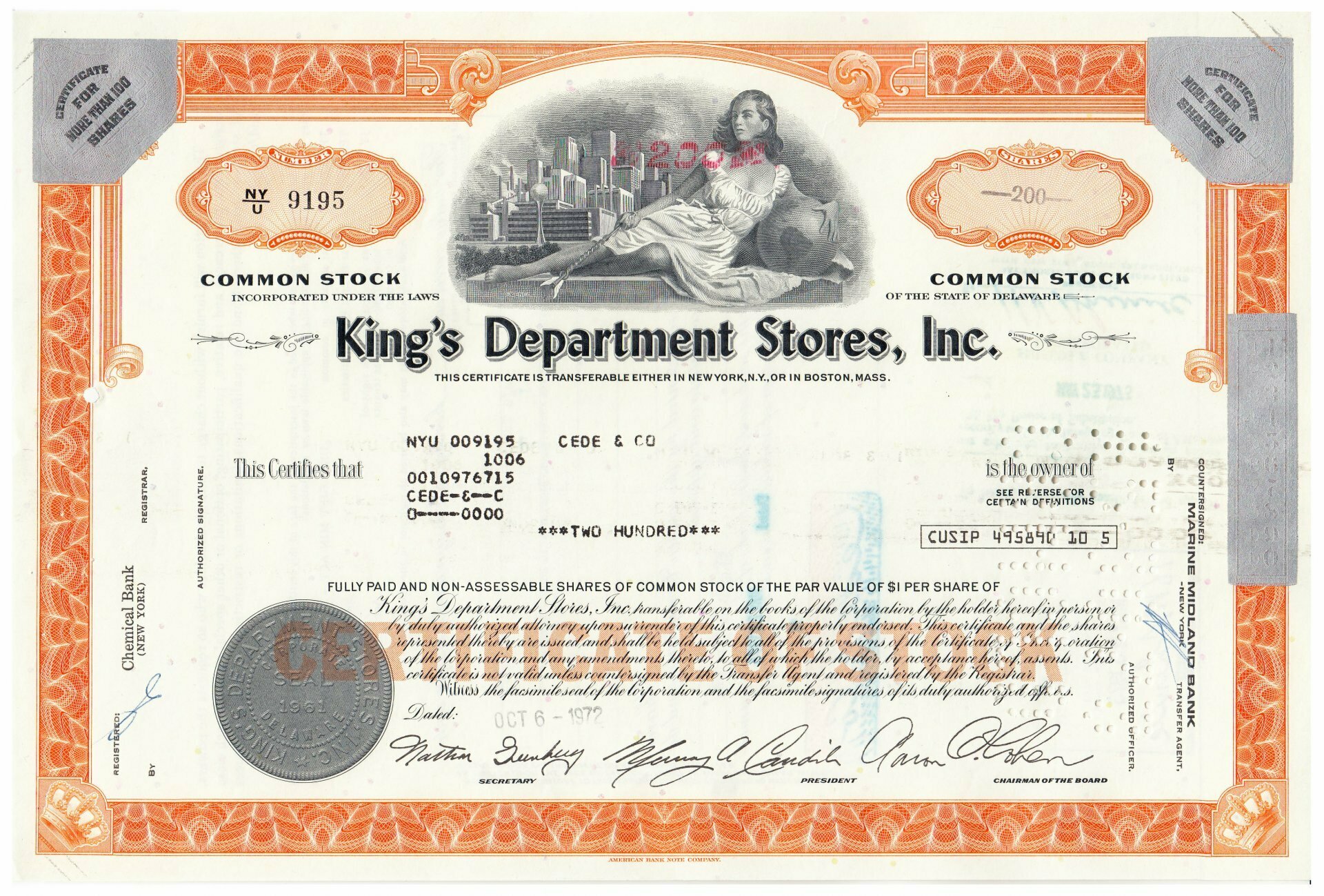 Акция США Kings Department Stores, Inc 1971-1973 гг