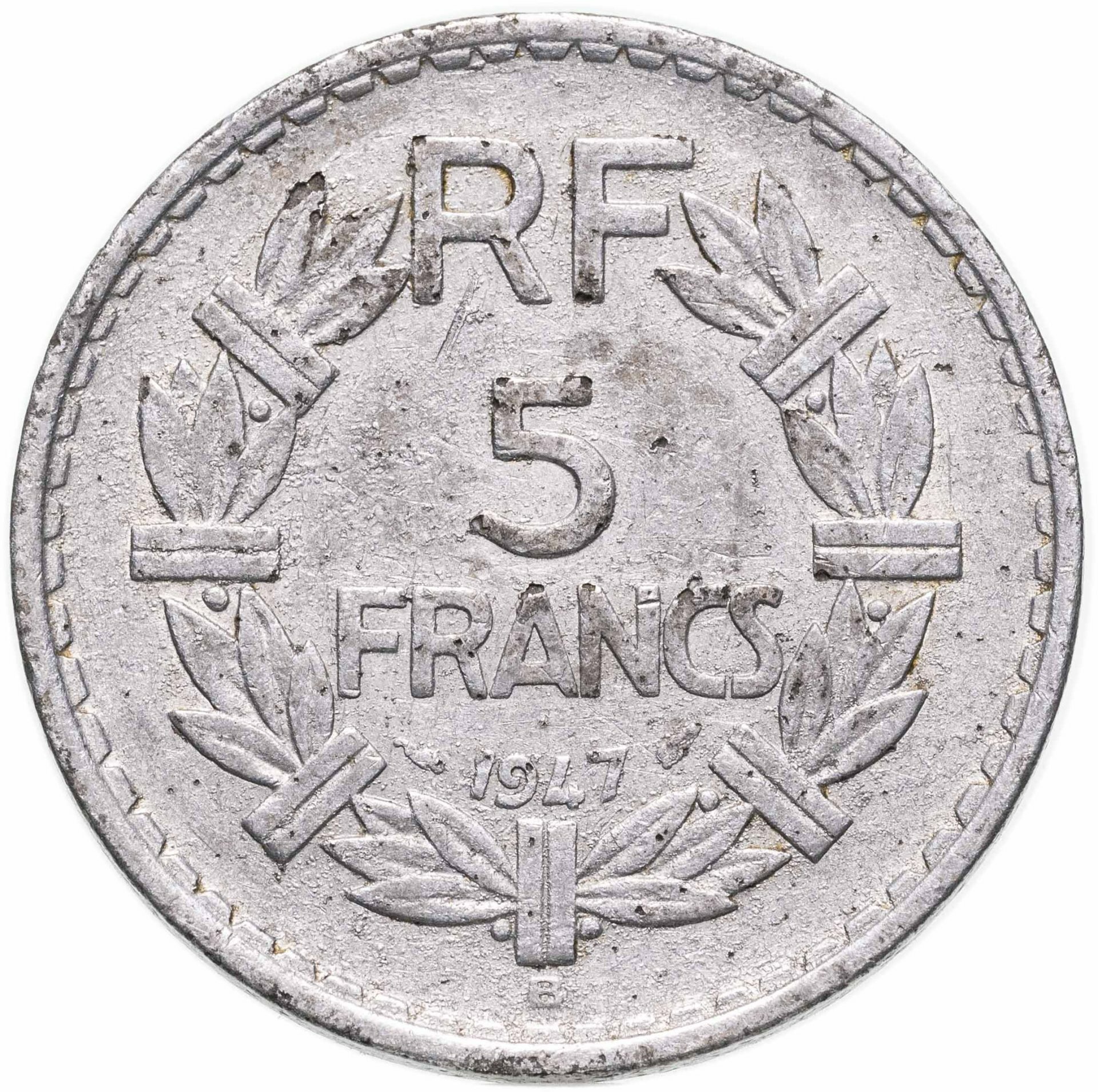 Франция 5 франков francs 1947, Алюминий, в сохранности VF