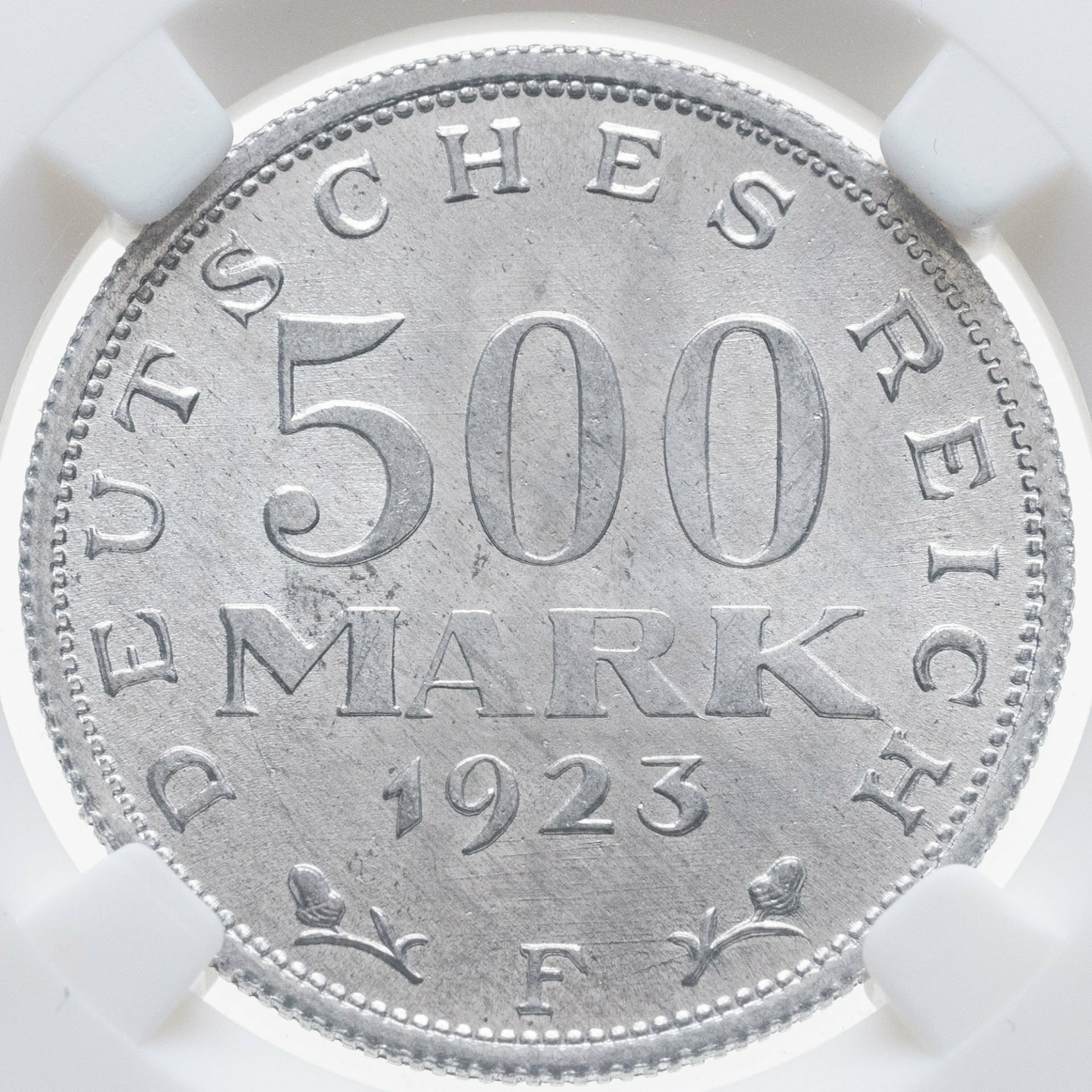 Германия 500 марок 1923 F знак монетного двора "F" — Штутгарт в слабе DNC MS66, Алюминий