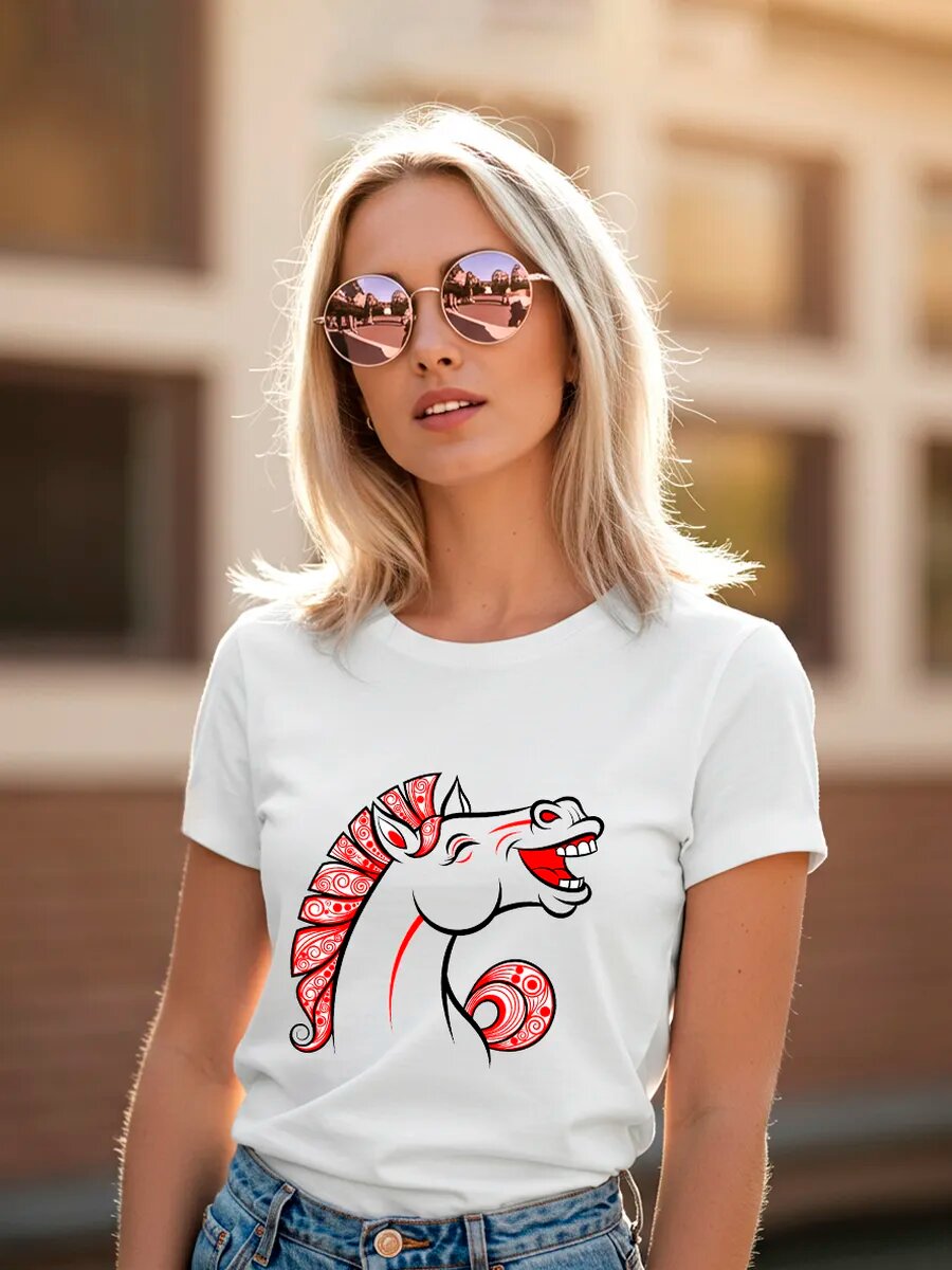 Футболка Голова лошади, белая, хлопок 160гр. (Узорчатая голова лошади в традиционном русском стиле)