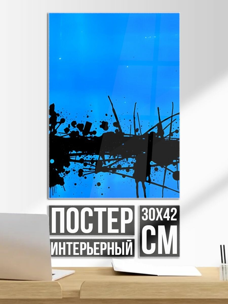 Постер на стену Черные брызги краски на синем