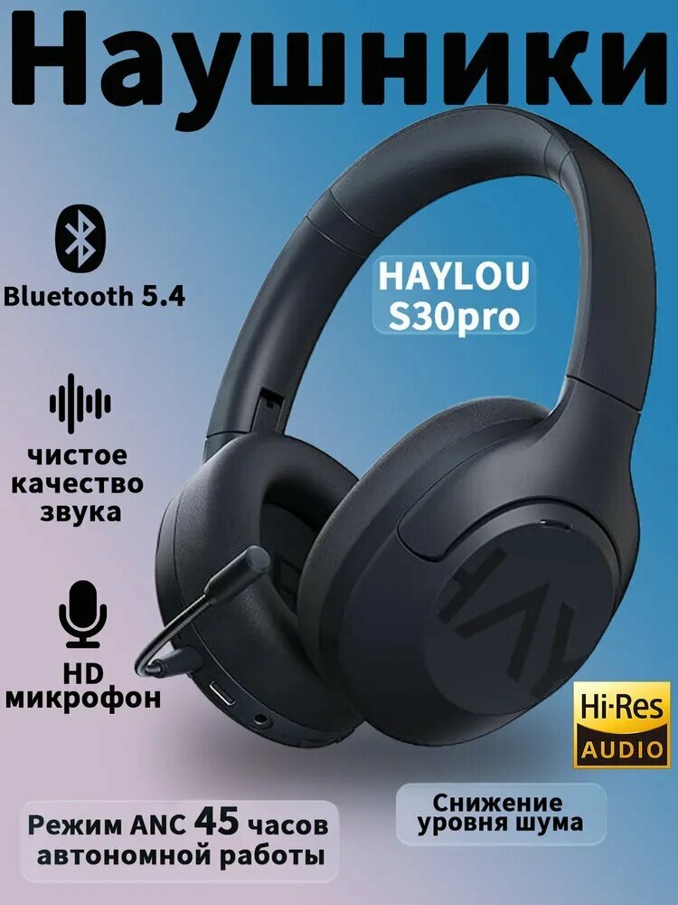 Haylou Наушники беспроводные с микрофоном Наушники беспроводные накладные Haylou S30 Pro синие со съемным микрофоном, Bluetooth, 3.5 мм, черный