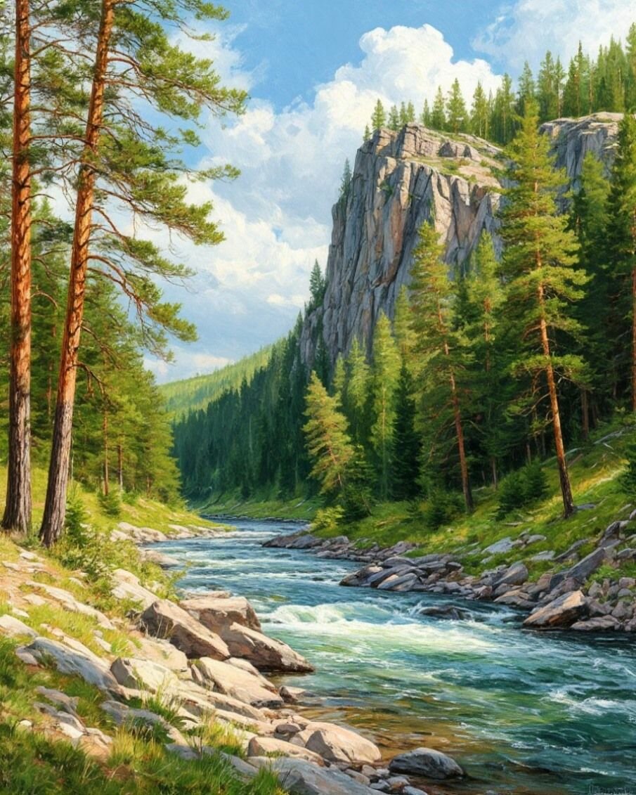 Картина по номерам на подрамнике 40*50 см "Скалы у речки"