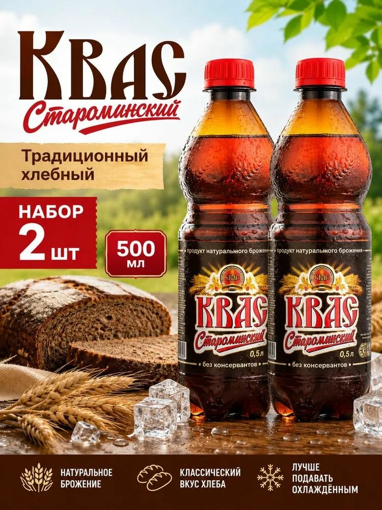 Квас Староминский Традиционный хлебный 2 х 500 мл