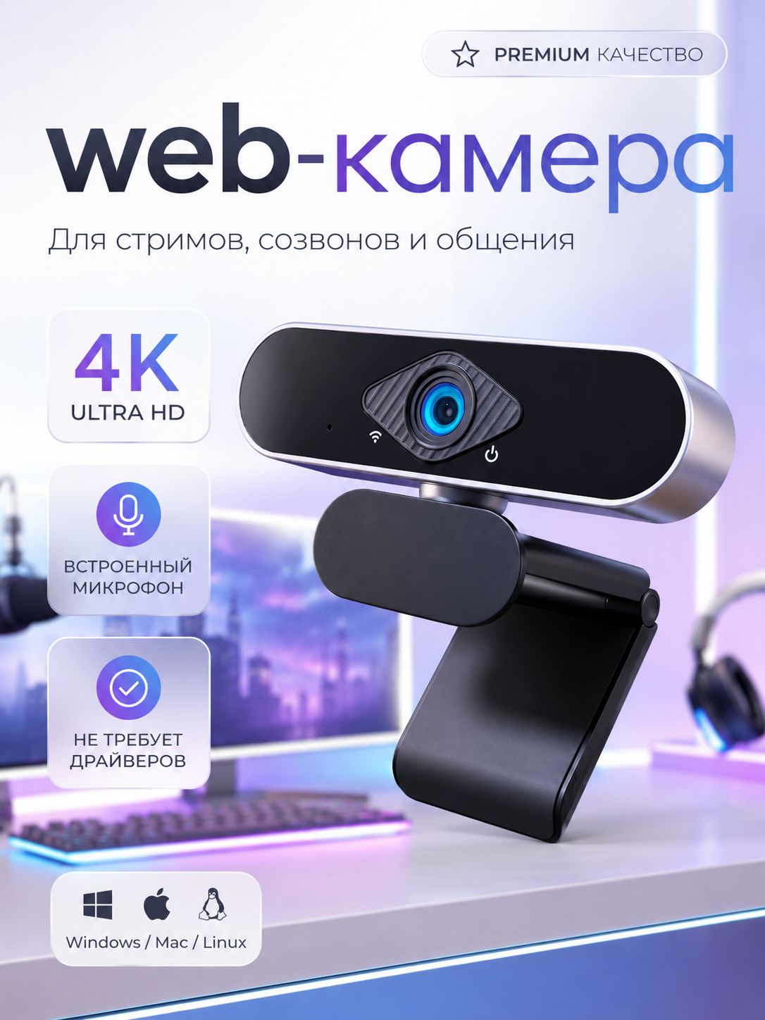 Веб-камера 4К, автофокус, с микрофоном, резьба под штатив