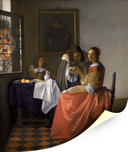 "Дама, с бокалом вина", Вермеер, Ян, картина для интерьера (репродукция) (40х47 см / без подрамника)