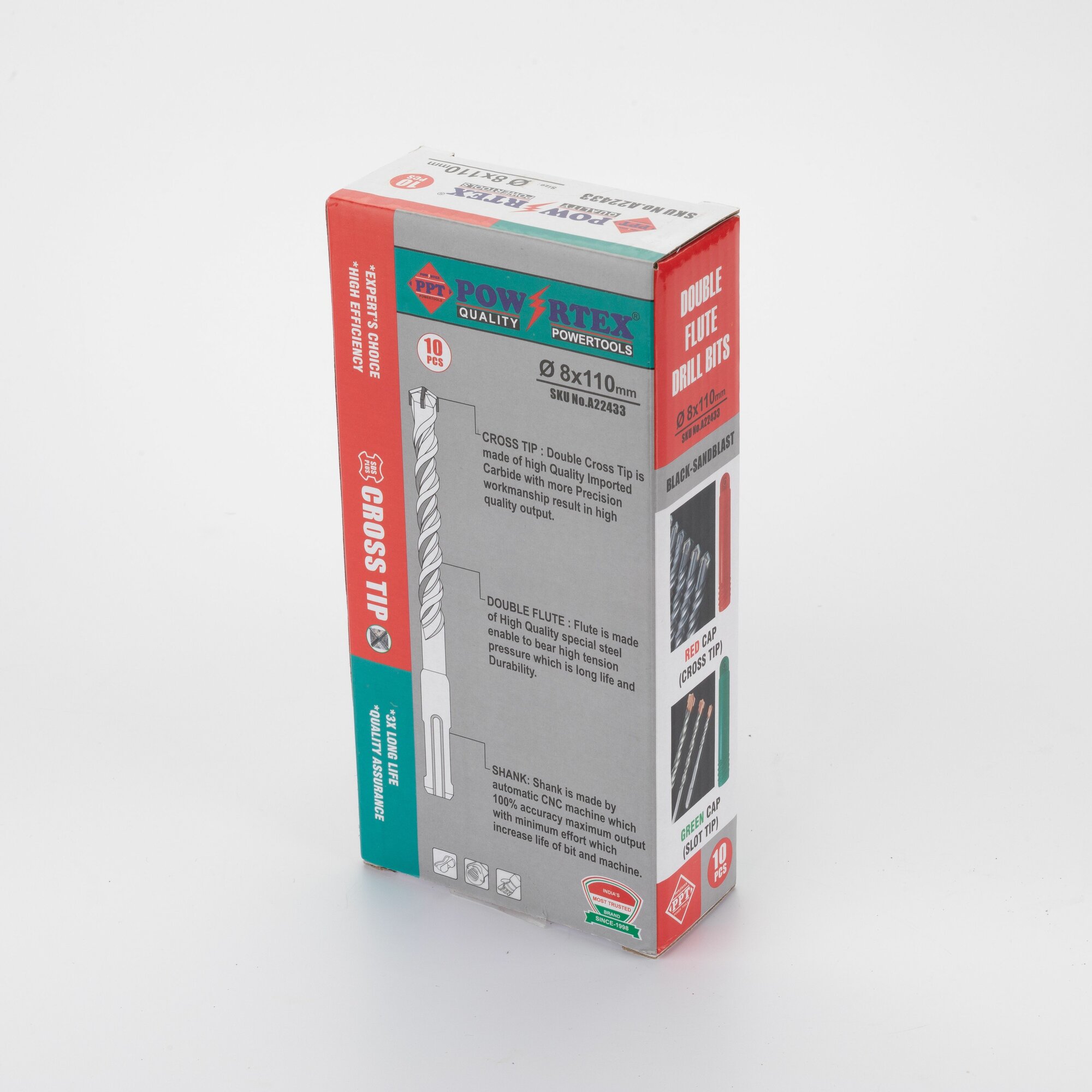 Набор буров SDS PLUS с перекрестным наконечником 4 режущими кромками 10 шт для перфоратора по бетону, кирпичу, камню 8 мм* 110 мм, Powertex.