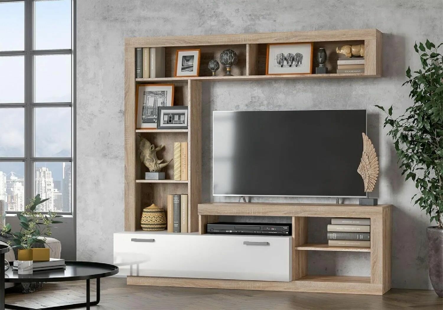 Центральная секция гостиной Ангара ЛДСП 1705х1705х416, дуб сонома/Белый глянец холодный, МИФ