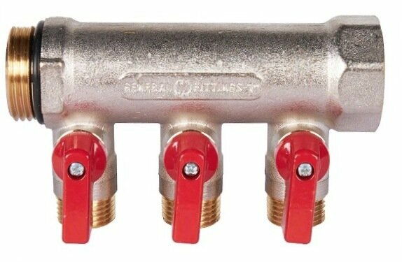 STOUT 1х1/2 Коллектор с шаровыми кранами на 3 выхода (красные ручки) с уплотнительным кольцом