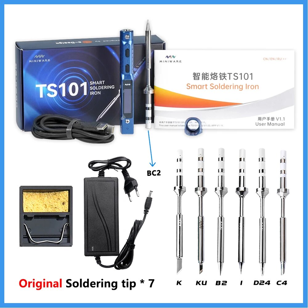 Синий электрический паяльник Miniware TS101 90 Вт EU Plug, 7tips Set Blue