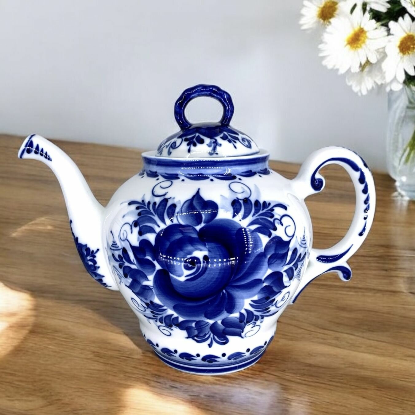 Чайник заварочный с ситечком "Цветы" 1200 мл гжель фарфор