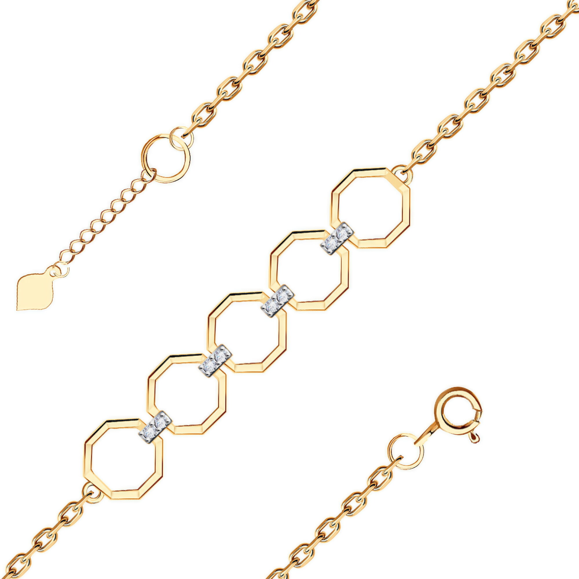 Браслет, красное золото, 585 проба, фианит