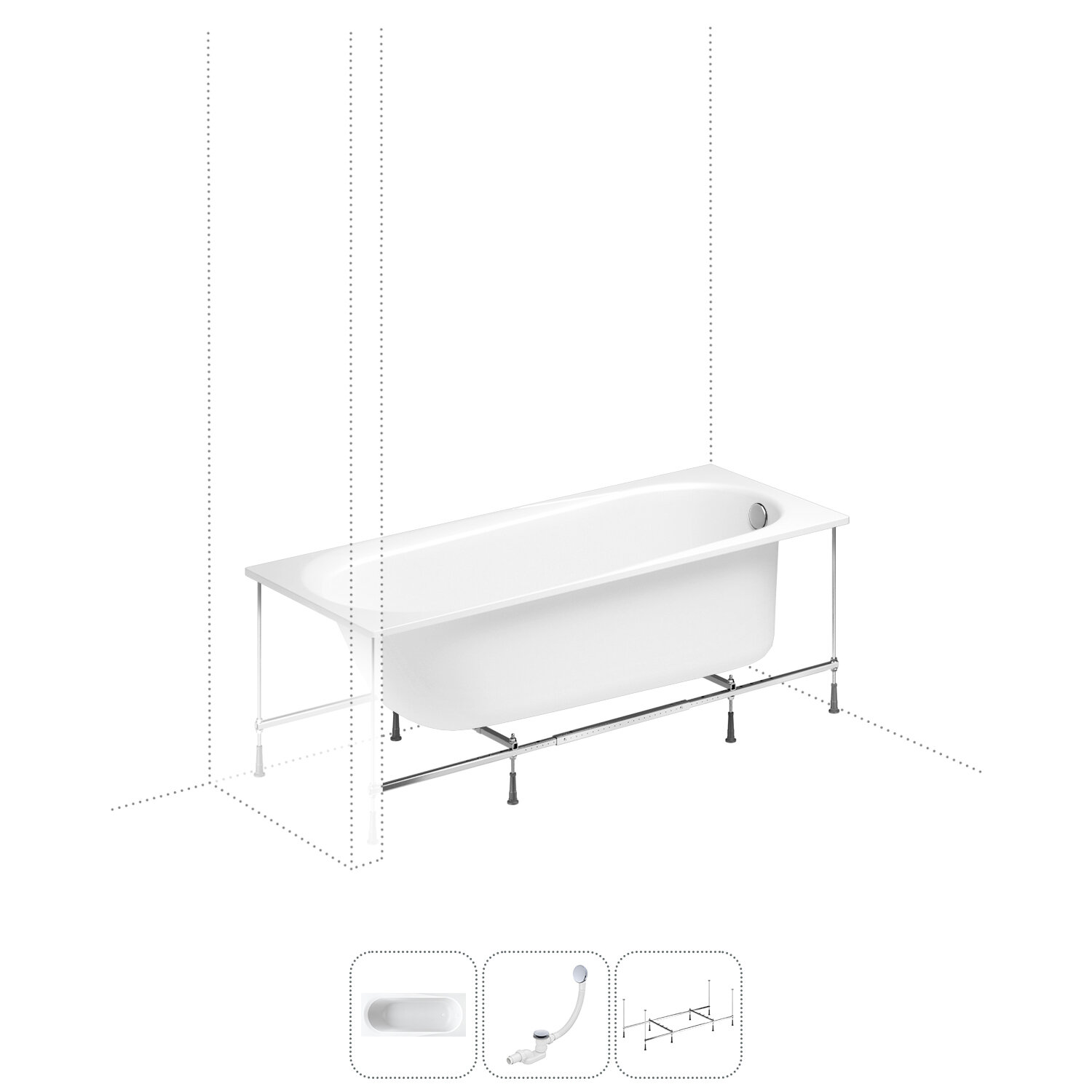 Акриловая ванна 150x70 с каркасом Lavinia Boho Biore 202010910 в наборе 3 в 1: прямоугольная ванна 150 x 70 см, слив-перелив, каркас