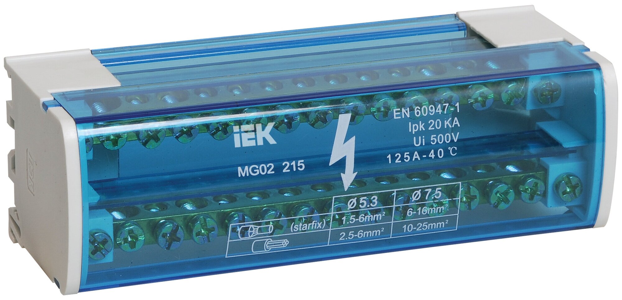 Шины на DIN-рейку Iek YND10-2-15-125 в корпусе (кросс-модуль) ШНК 2х15 L+PEN ИЭК