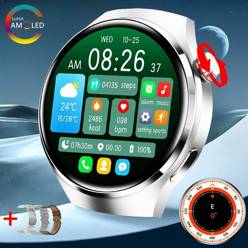 Смарт часы мужские, модель 2024, наручные круглые с сенсорным экраном 47 мм/ Smart Watch,3 ремня