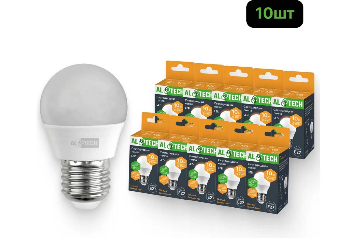 ALTECH Лампочка светодиодная LED G45-10W-830-Е27 теплый белый свет 10шт 4673758071545