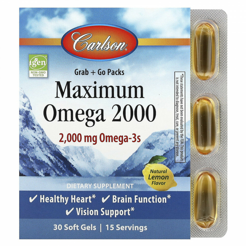 Carlson, Maximum Omega 2000, омега с натуральным лимонным вкусом, 30 капсул (1000 мг в 1 капсуле)