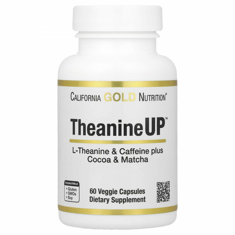 California Gold Nutrition, TheanineUP™, L-теанин, кофеин, какао и матча, 60 растительных капсул