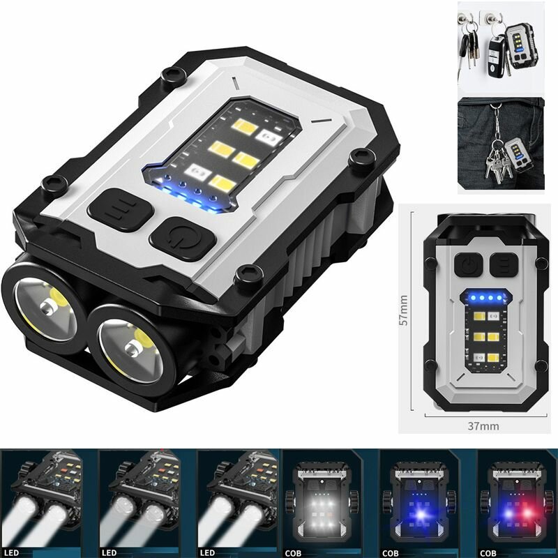 Портативный фонарик-брелок, Наружный 6 режимов, Двойной источник света, перезаряжаемый мини-фонарик с зажимом для крышки Type-C, с магнитом