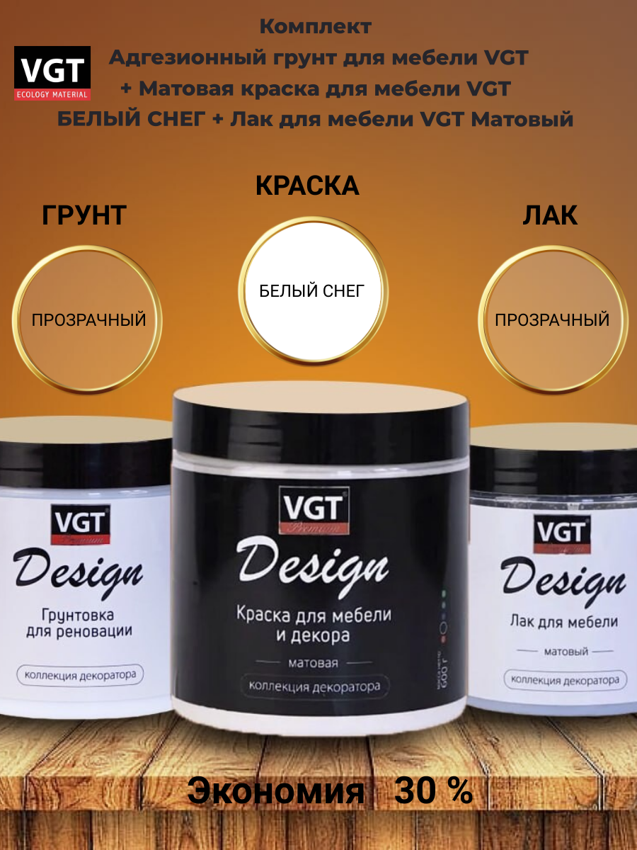 Комплект Адгезионный грунт для мебели VGT + Матовая краска для мебели VGT белый снег + Лак для мебели VGT Матовый