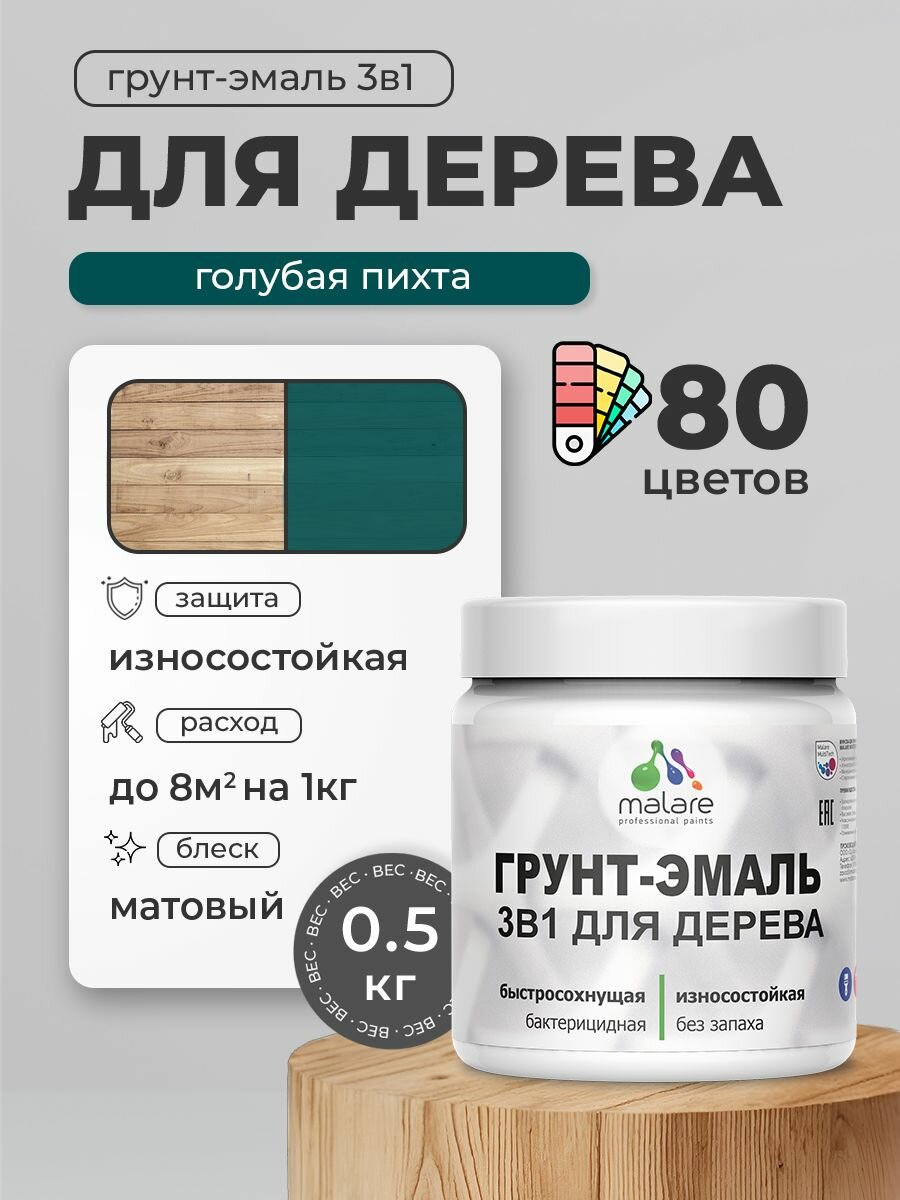 Акриловая Грунт-Эмаль 3 в 1 Malare для деревянных поверхностей/ краска по дереву с антисептическим эффектом/ быстросохнущая моющаяся без запаха матовая, голубая пихта, 0.5 кг