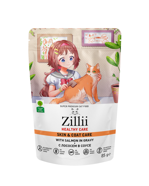 "ZILLII HEALTHY CARE Skin & Coat Care" с лососем в соусе" влажный корм для кошек 85гр(пауч)