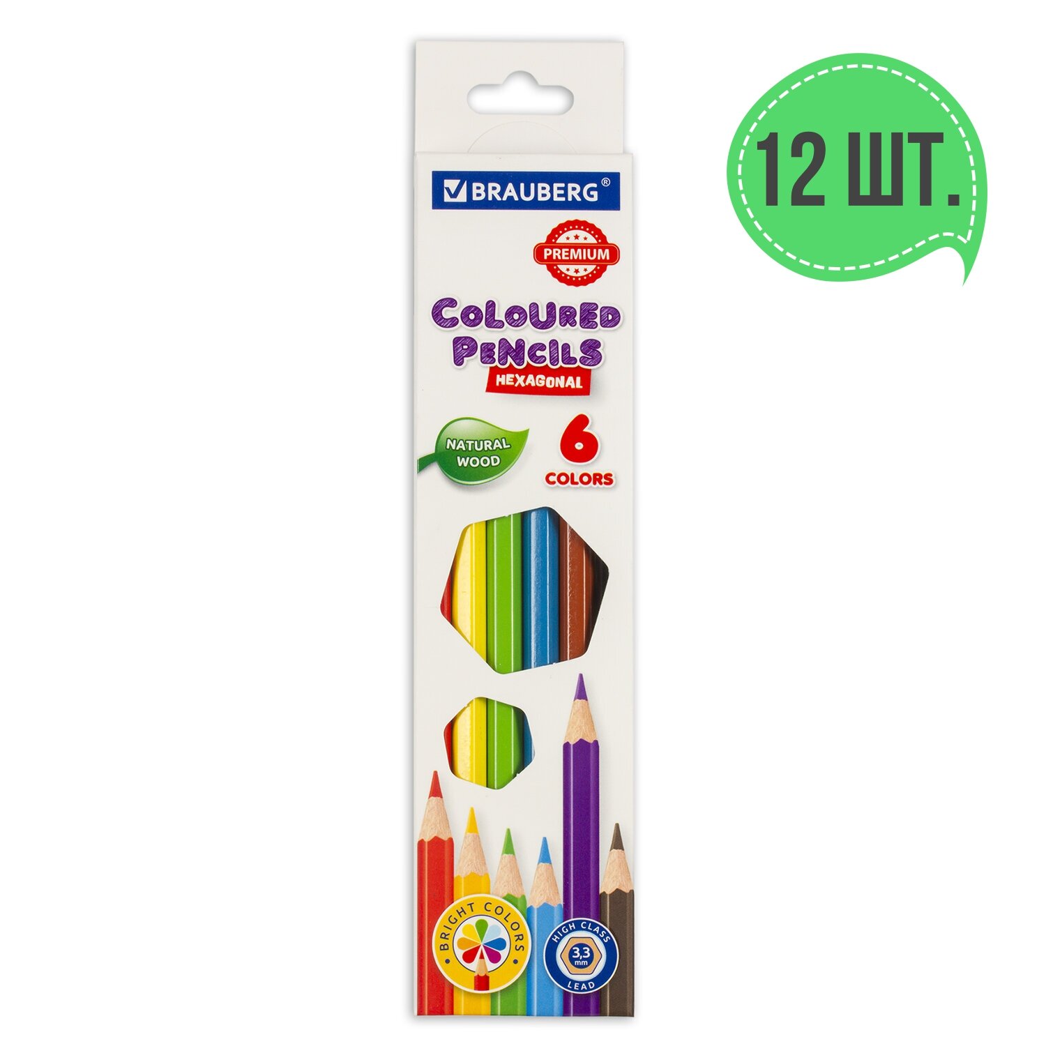 12 упак, Карандаши цветные BRAUBERG PREMIUM, 6 цветов, шестигранные, грифель мягкий 3,3 мм, 181655