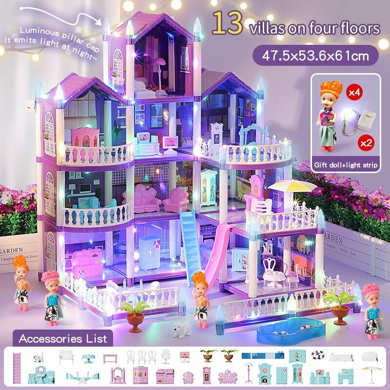 Кукольный домик с мебелью, игрушечный дом состоит из 4х этажей и 14 комнат, новогодний подарочный игровой набор для девочки