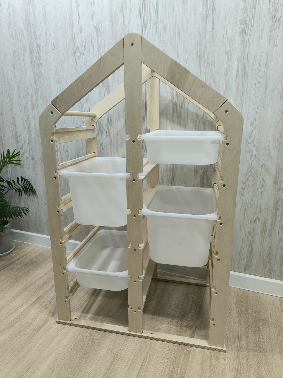 Стеллаж деревянный напольный большой в детскую высокий для игрушек и книг двойной