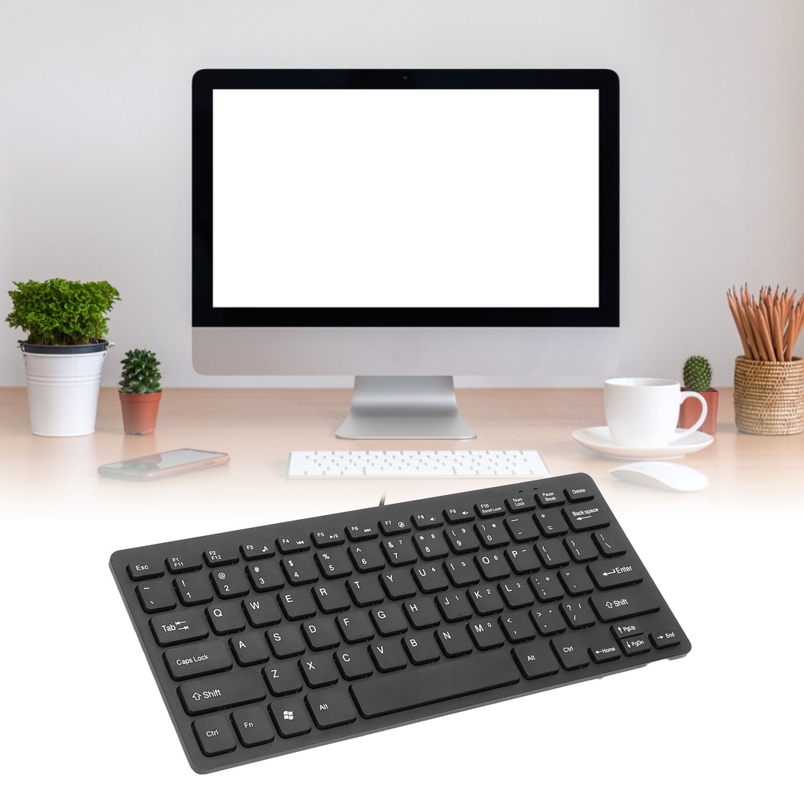 USB Wired Keyboard 78 Keys Mini Desktop Laptop Keyboard for Home Office Black 1.1m Cable 10 Million Times Button Duration ABS Material