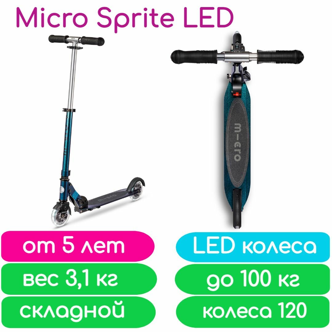 Самокат Micro Sprite LED со светящимися колесами жемчужно-зелёный (SA0294)