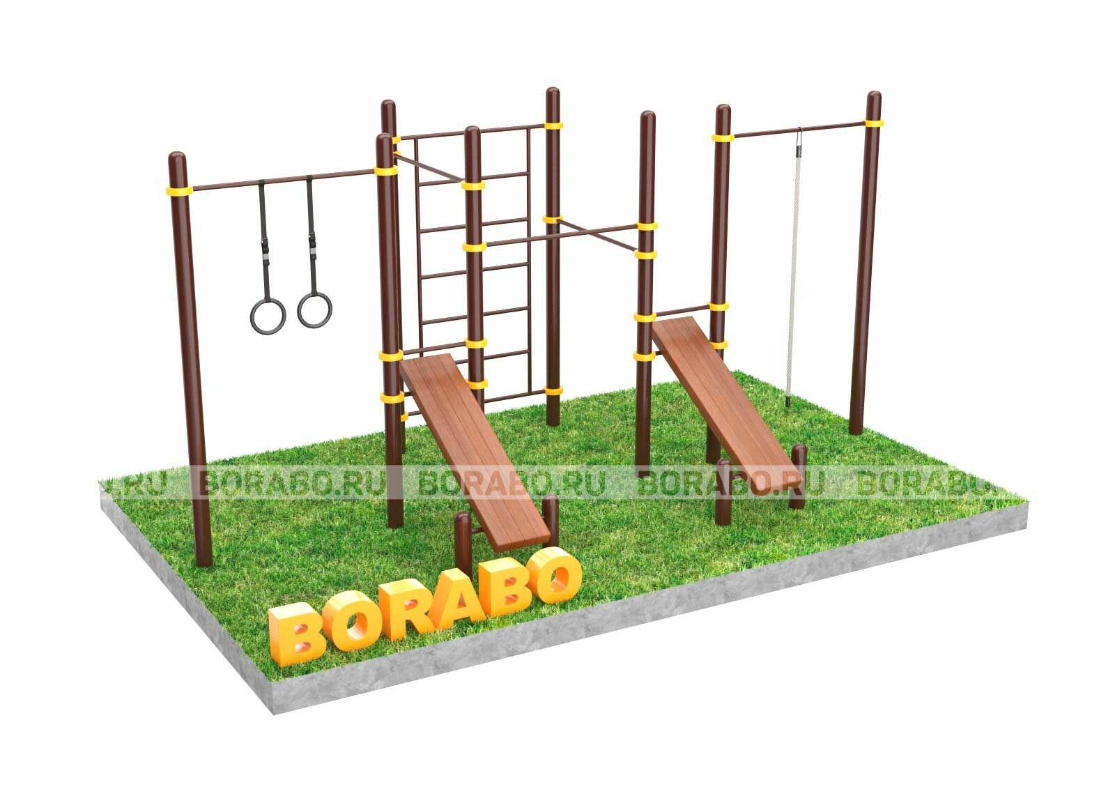 Спортивный воркаут комплекс BW-28-М с двумя скамьями для пресса, канатом, кольцами, тремя турниками и лестницей