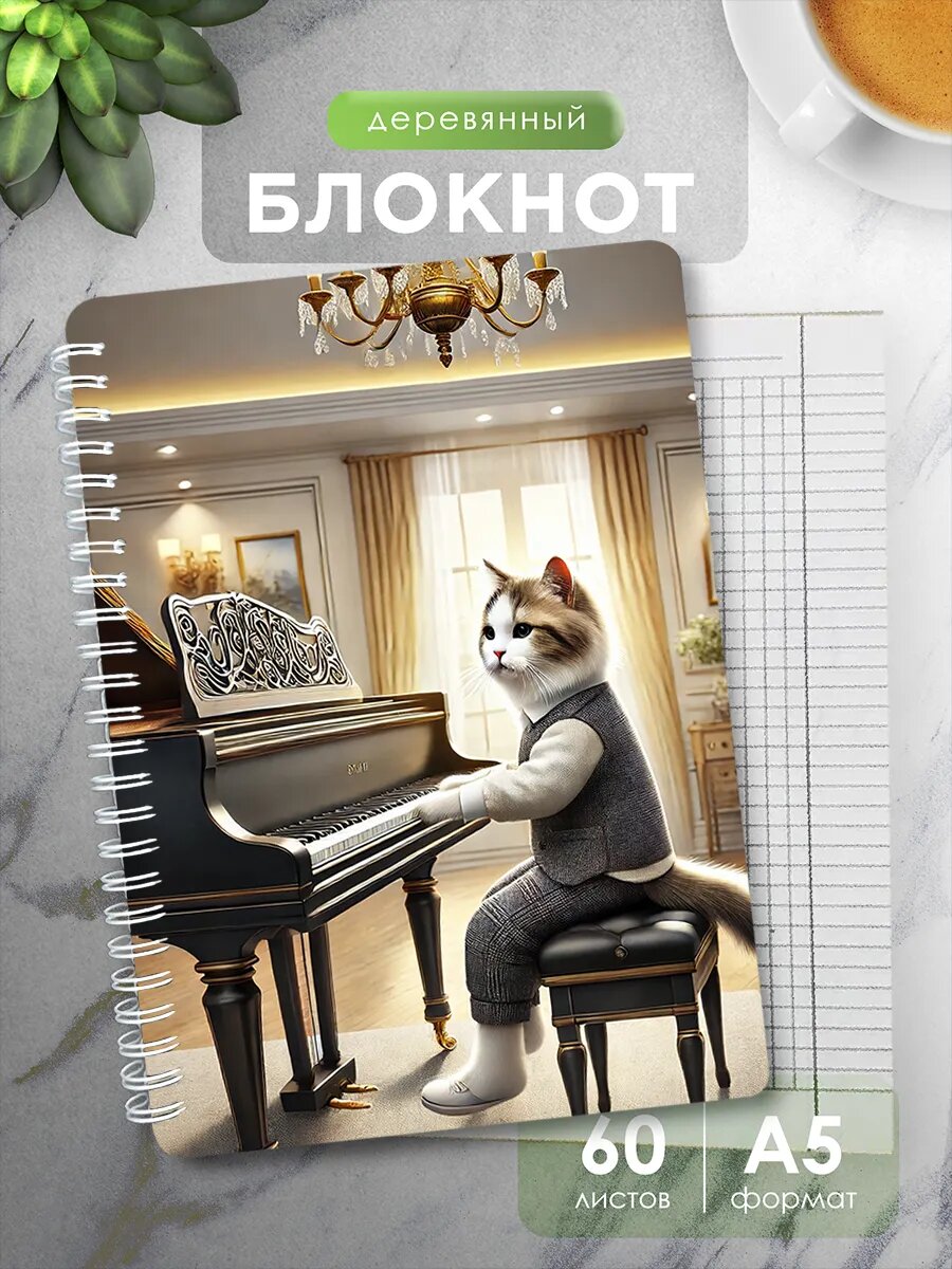Блокнот деревянный Wood-Book с принтом подарок музыканту пианисту