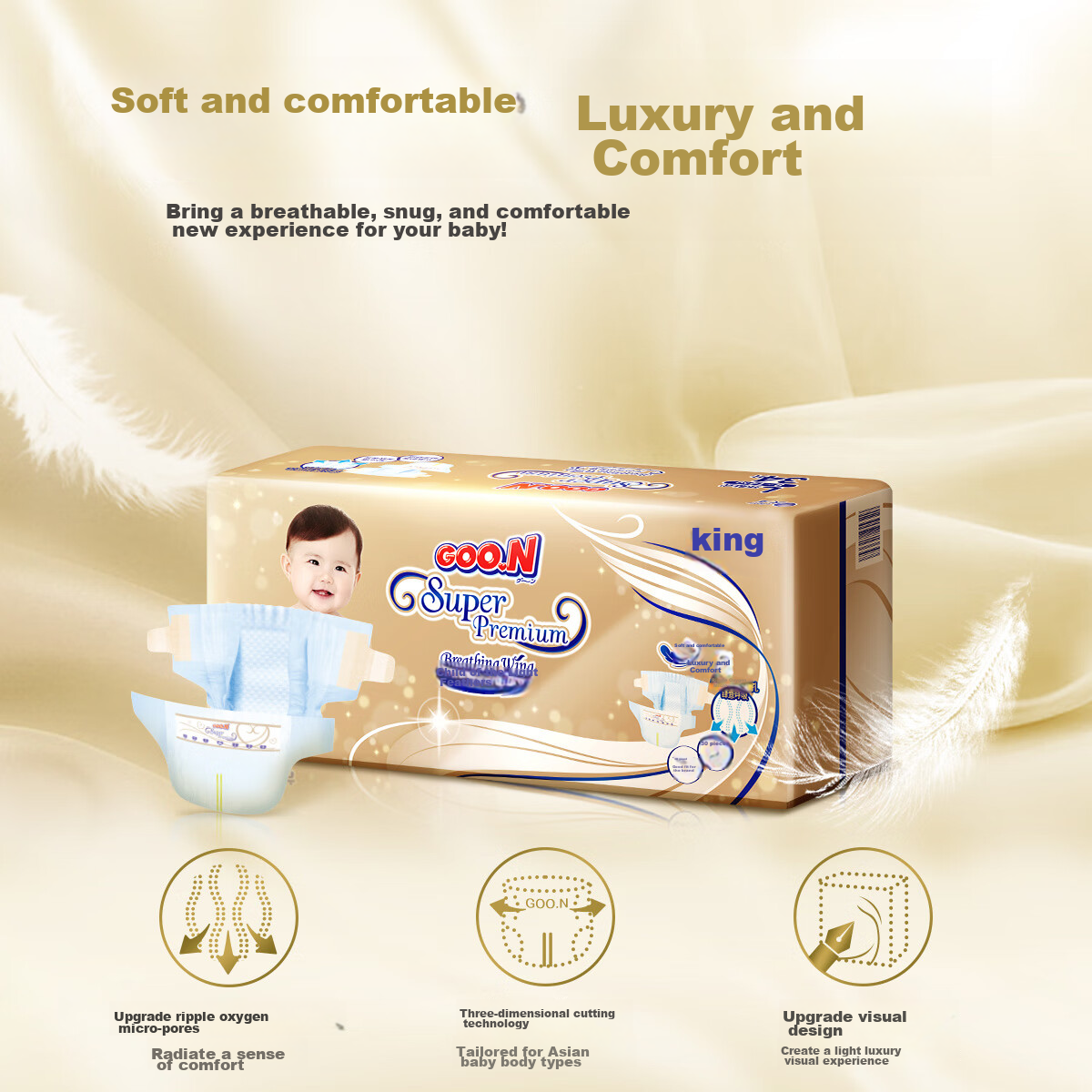 GOO.N Comfortable Breath Diapers, L Size, 34 Pieces (9-14kg), Micro-Porous Quick-Absorbing Core