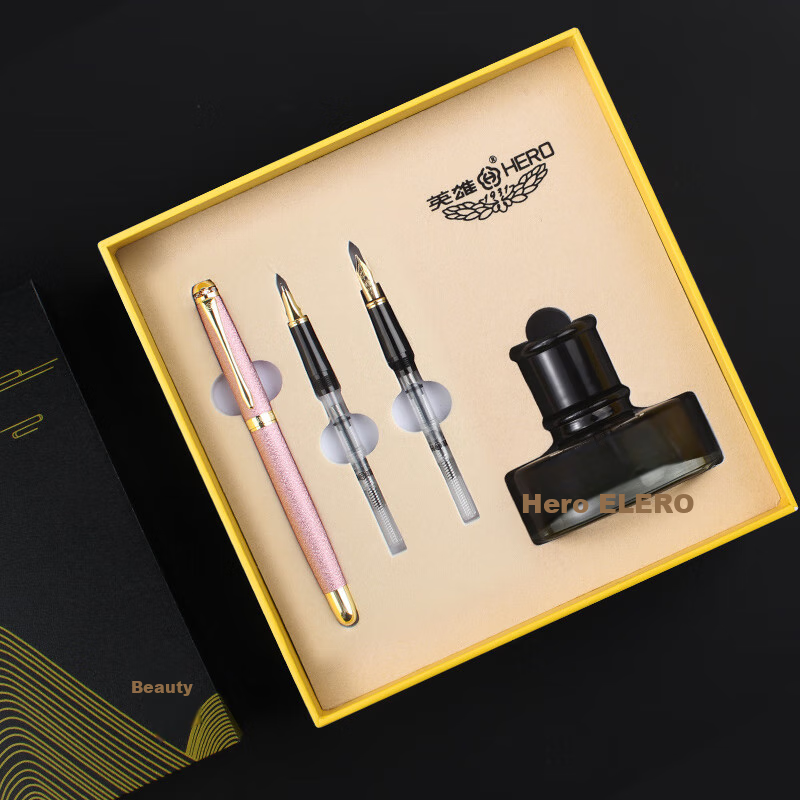 HERO Fountain Pen 1520, Velvet Sand Colorful Iridium/Tin/Extra Fine/Art Pen, Three-In, Men's And Women's Office Gift, Ink Gift Box Set, Pink