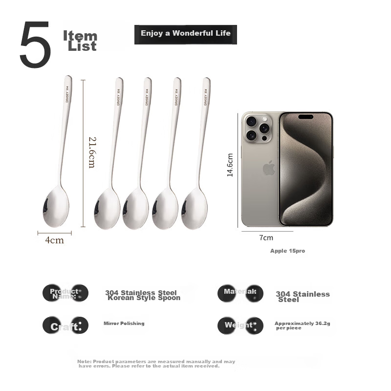 Guangyi 304 Stainless Steel Spoon Eating Soup Spoon Soup Spoon Household Table Spoon Long Handle Ladle Large Size 5-Pack GY7583