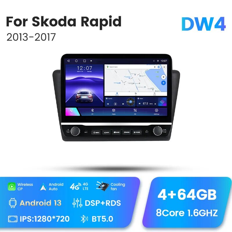 Автомобильный радиоприемник Android 13 с большим экраном 10,1 дюйма для Skoda Rapid 2012 SK08DW4