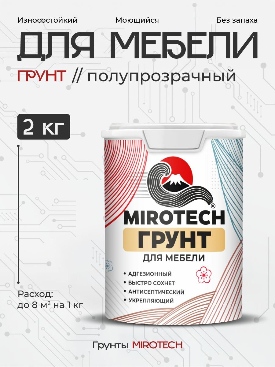 Грунт для мебели MIROTECH адгезионный износостойкий быстросохнущий без запаха, полупрозрачный, 2 кг