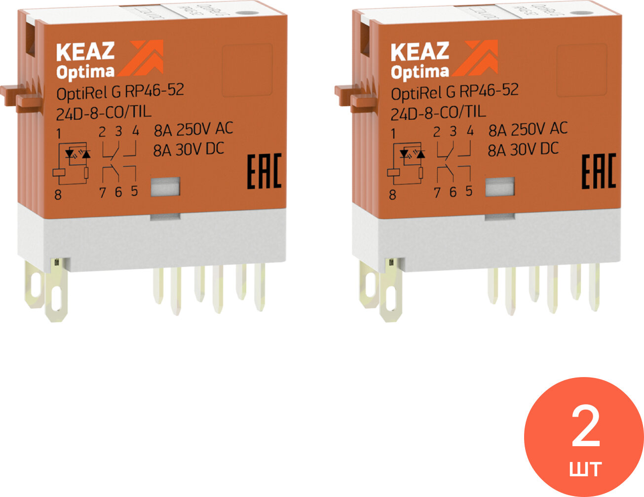 Реле промежуточное КЭАЗ OptiRel G RP46-52-24D-8-CO-S/TIL, 8А 24В DC, 281055 / электрика (комплект из 2 шт)
