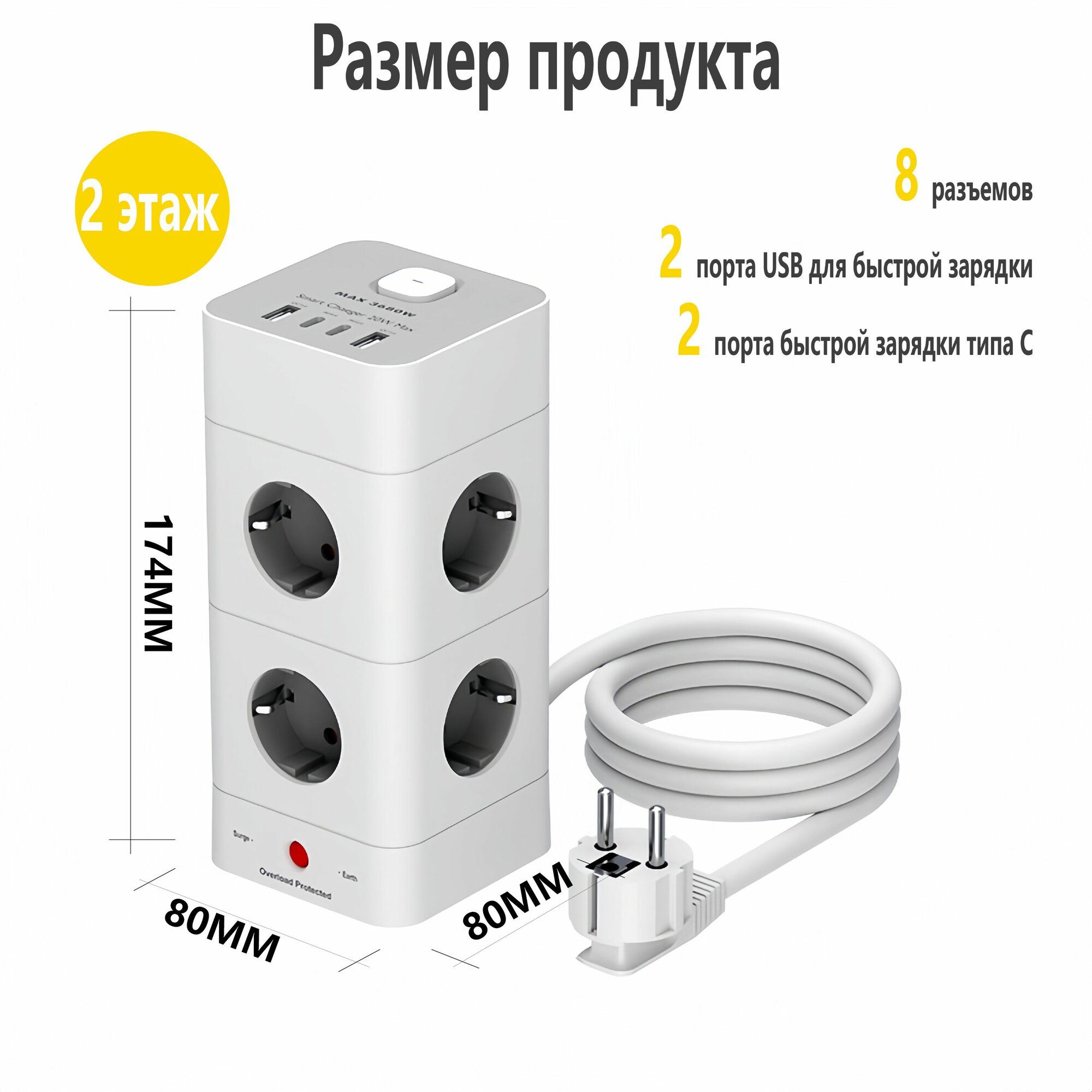 Китайские пользователи рекомендуют-Сетевой фильтр, 4-12 розеток с 2 USB и 2 TYPE-C быстрая зарядка, кабель 1.8м, с предохранителем и заземление Топ продаж
