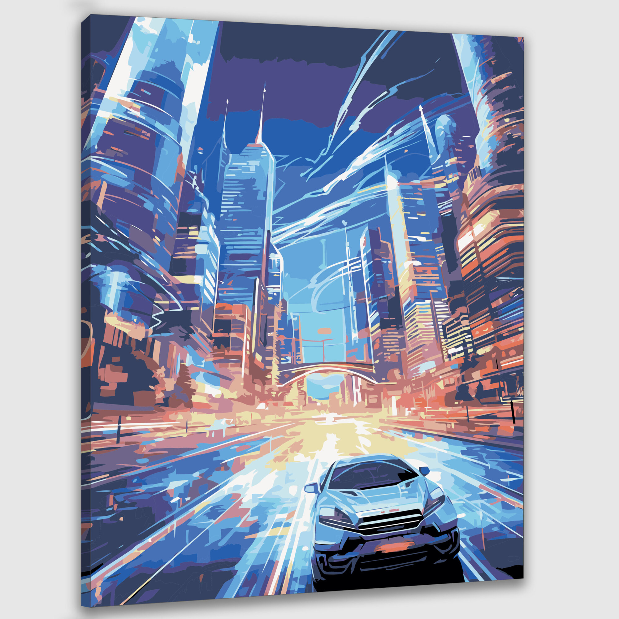 Картина по номерам 40x50 см, футуристический городской, небоскребы, голографическая реклама, летающие автомобили, свет