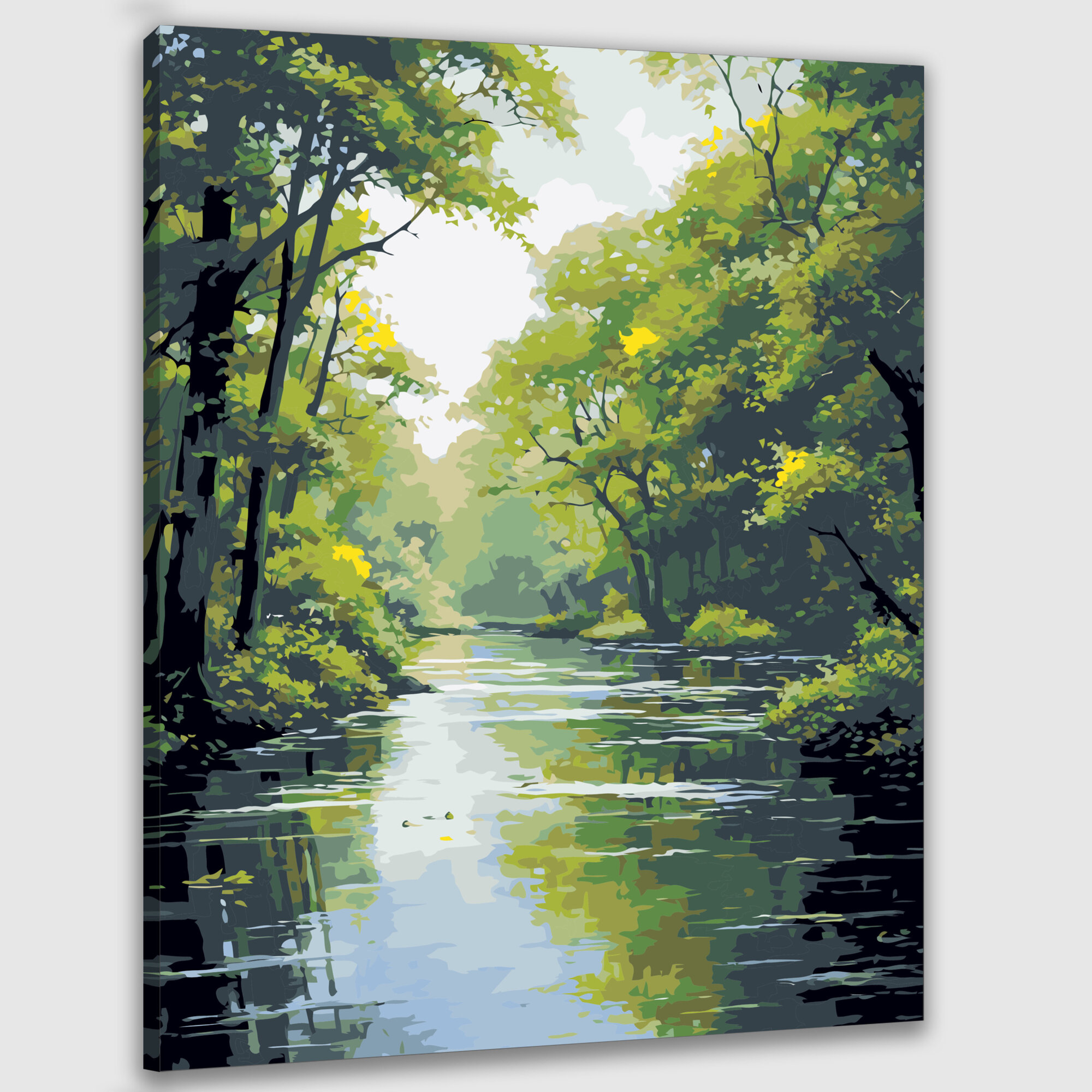 Картина по номерам 40x50 см, картина, масло, спокойная сцена, берег реки, зеленые деревья, отражение в воде, природа