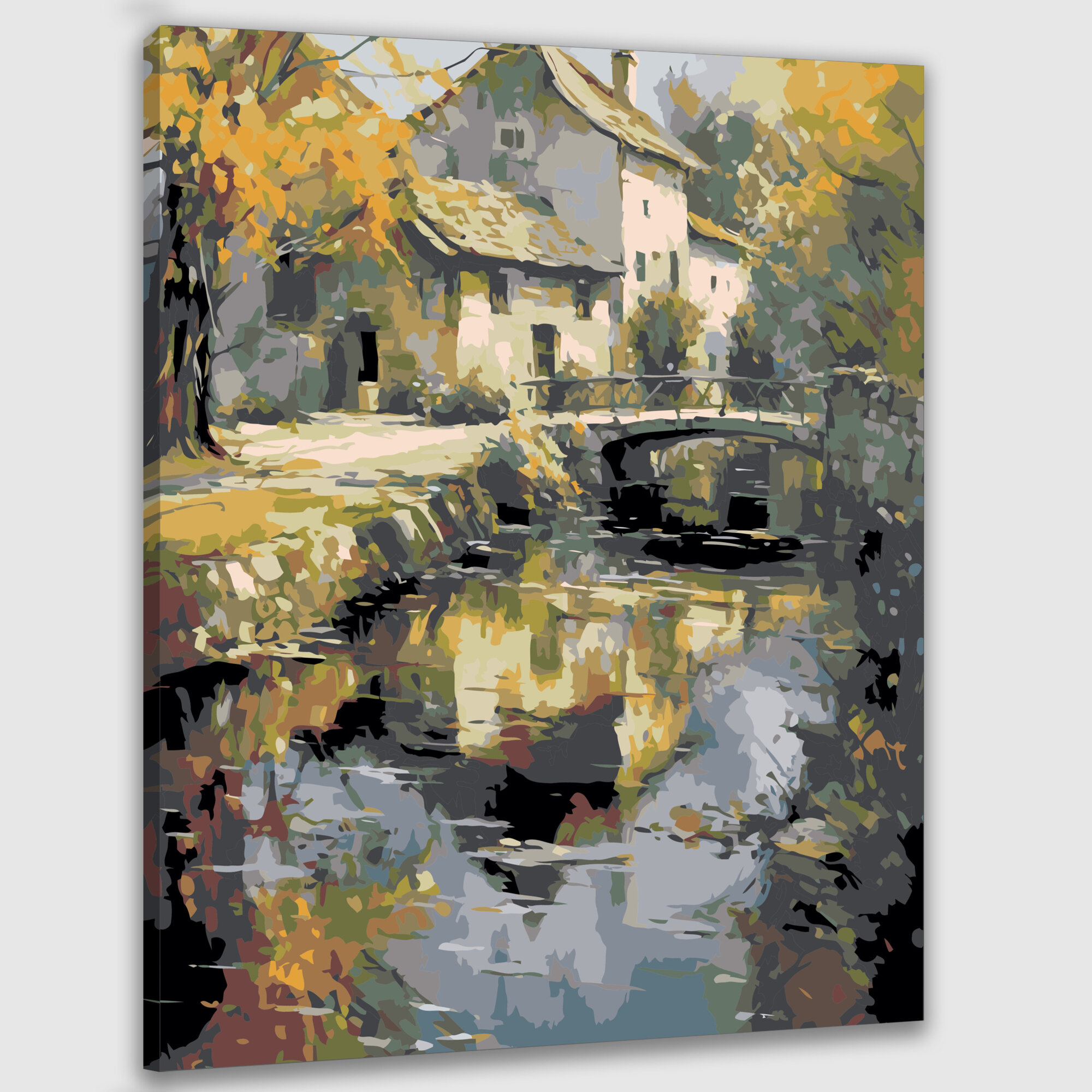 Картина по номерам 40x50 см, картина маслом, деревня, импрессионисты, свет, тени, здания, ручей, отражения, листва