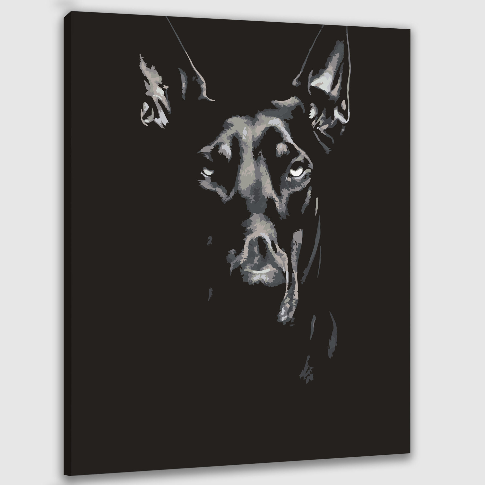 Картина по номерам 40x50 см, черно-белая фотография, доберман, сила, элегантность, низкая освещенность, тени, блики