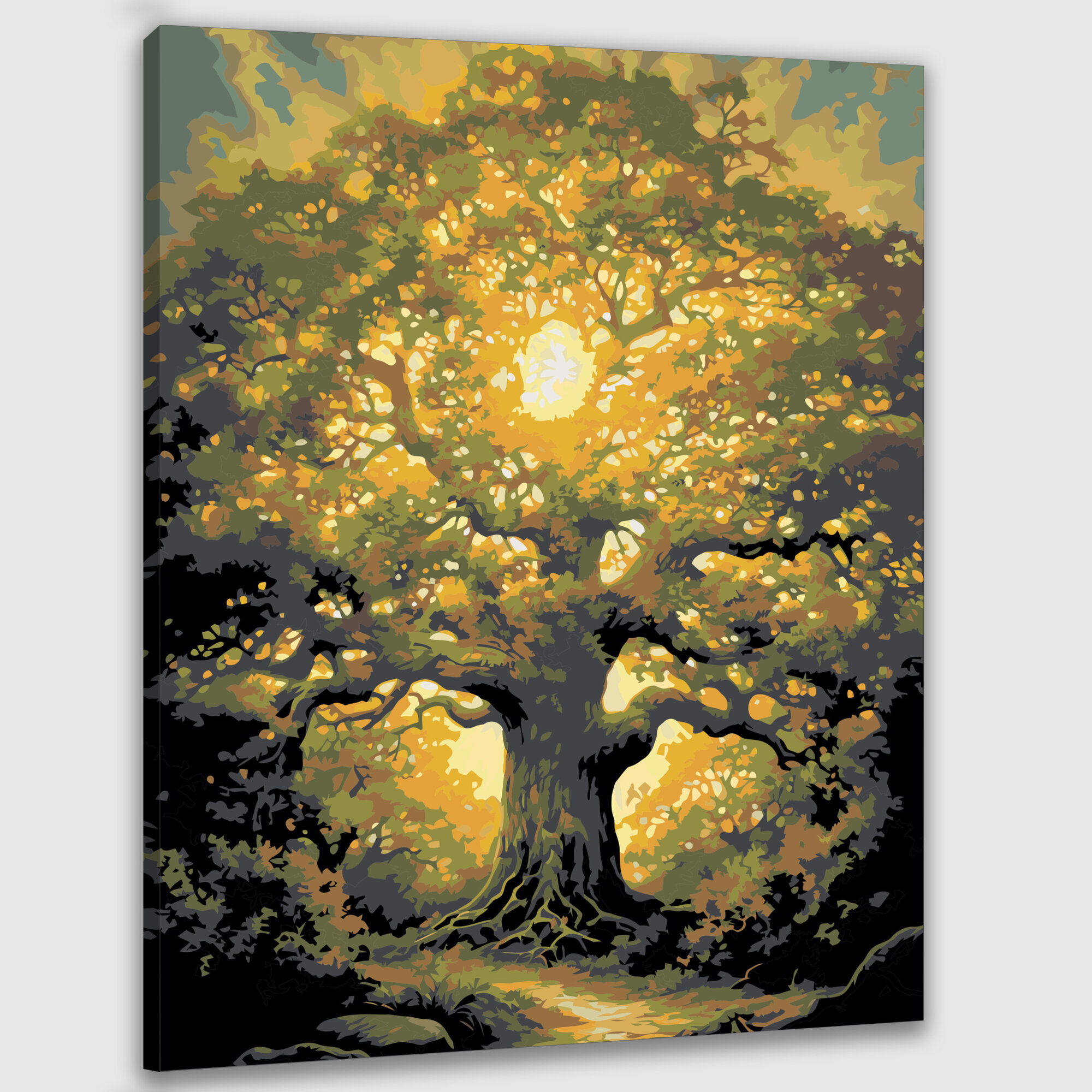 Картина по номерам 40x50 см, картина, масло, дуб, ветви, крона, листья, зеленый, прорисовка, детали, свет, тени