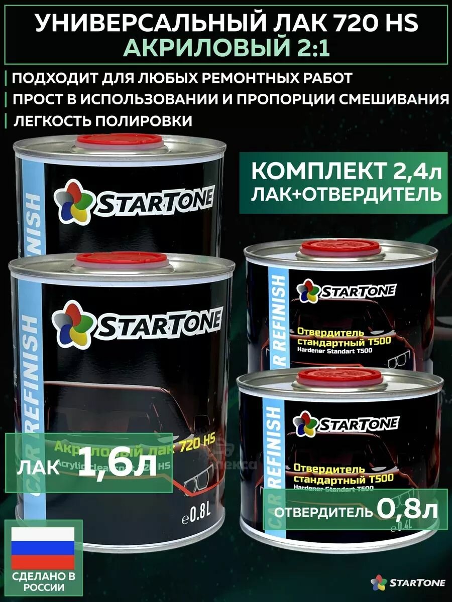 Лак акриловый для автомобиля 2:1 720 HS, комплект с стандартным отвердителем Т500, 1,6л + 0,8л